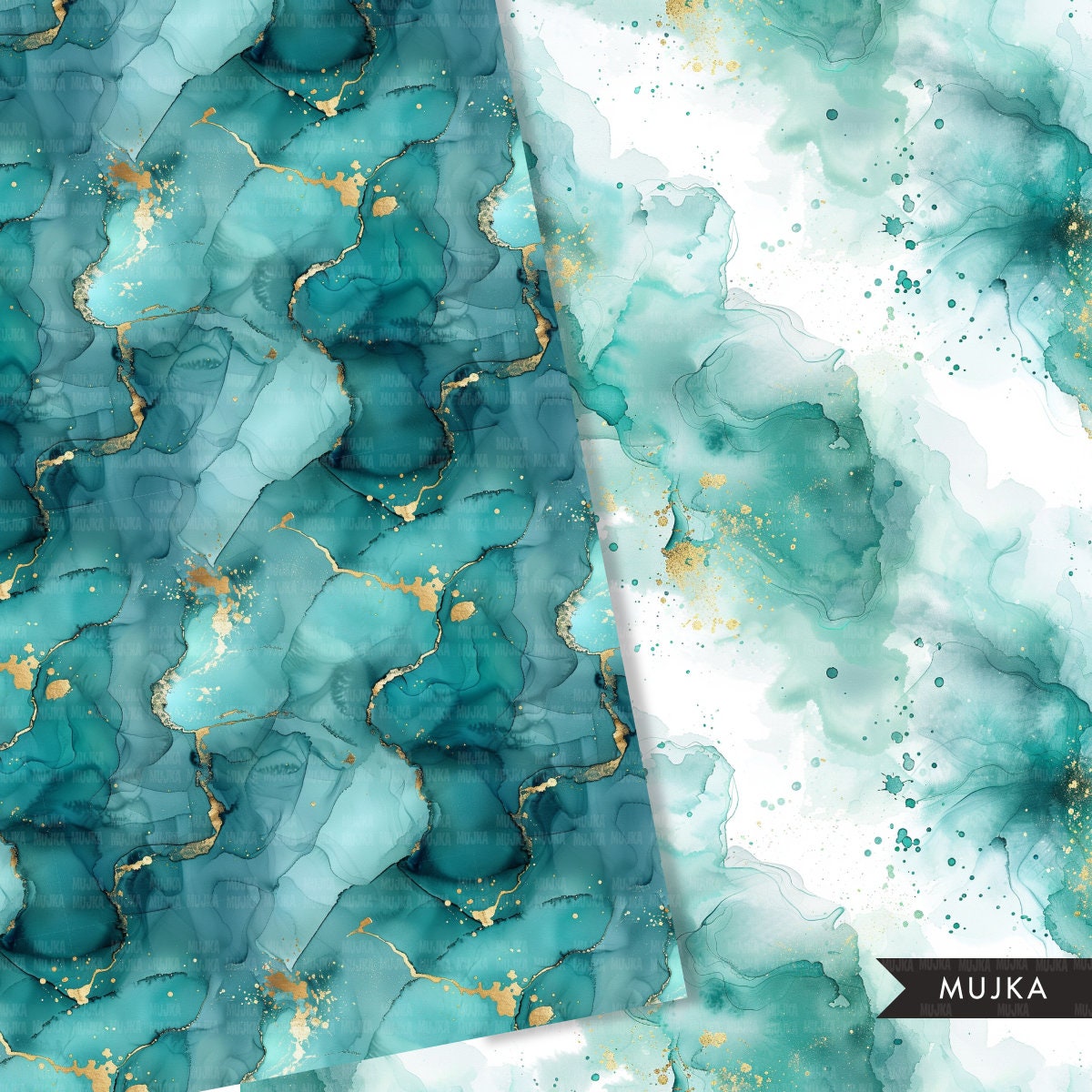 Alcohol Inks Digital Paper, Watercolor Teal Gold Seamless Patterns, Ab ...