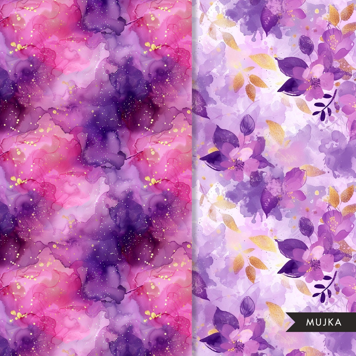 Floral Digital papers, Gold purple pink flower background, watercolor ...