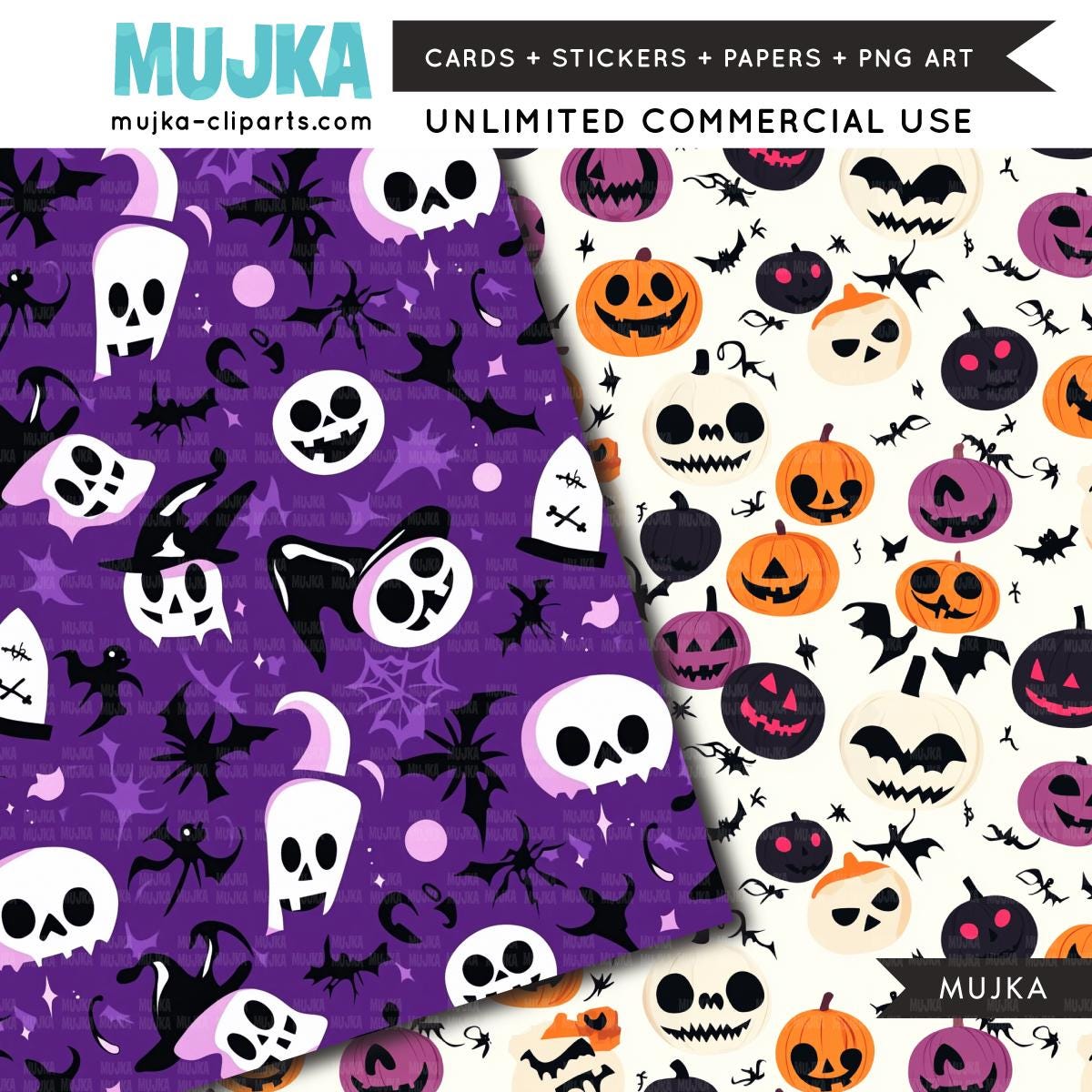 Whimsical Halloween digital papers, Cute Halloween Background, Skull B ...