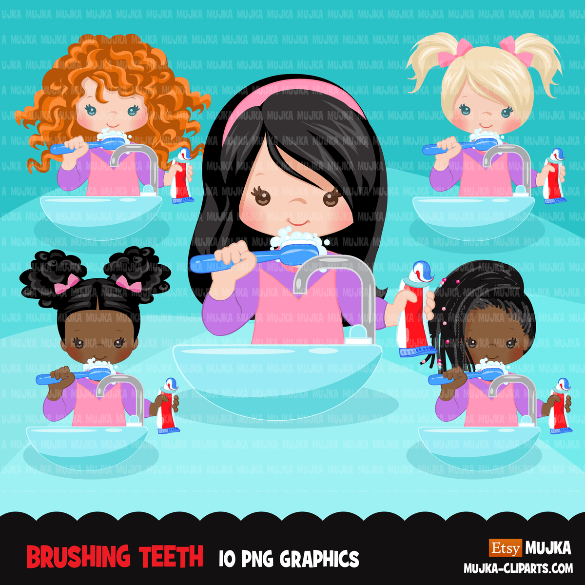 Brushing teeth Clipart, girls, bathroom chores, cleaning, hygiene, hea ...