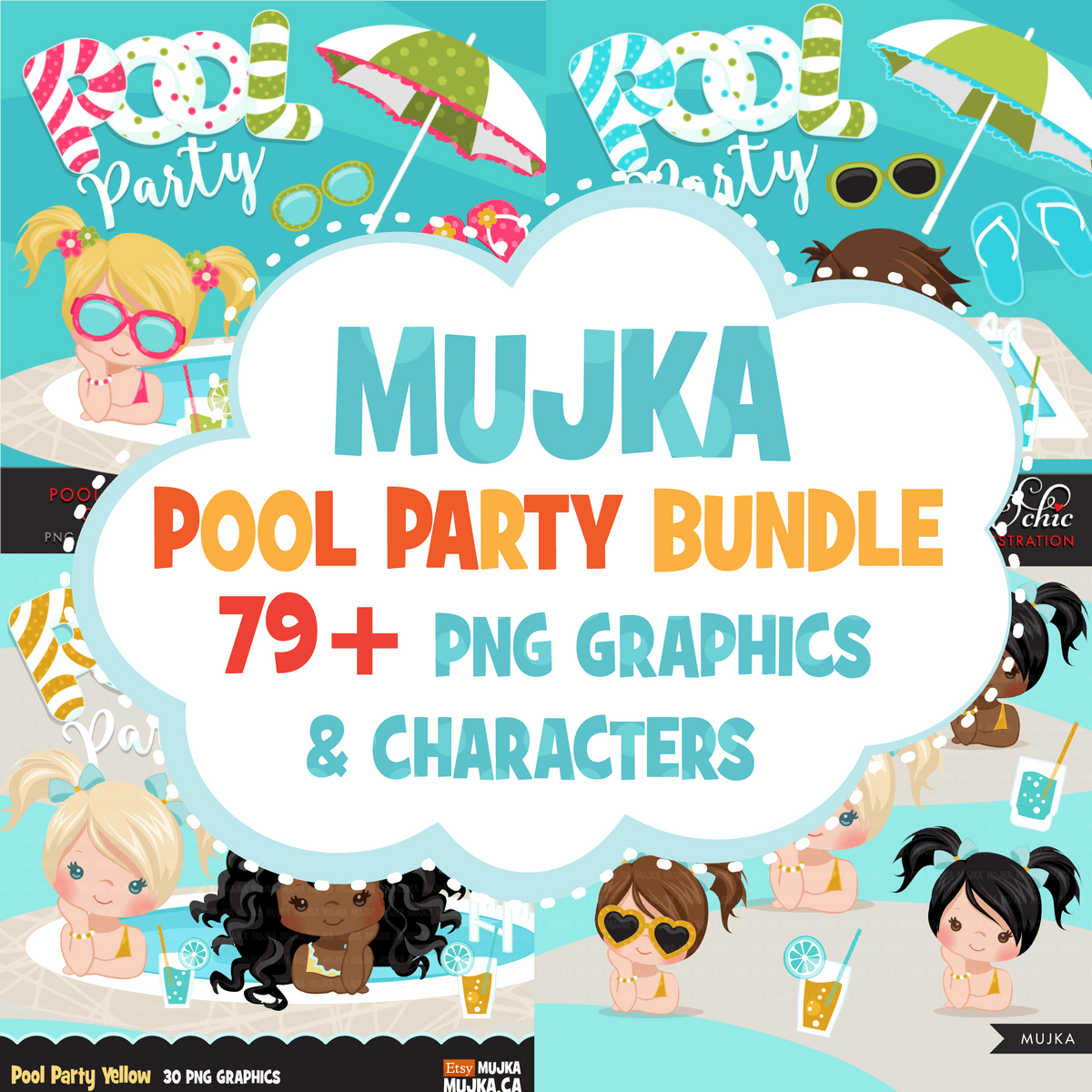 Pool Party clipart Bundle. Collection of cute backyard pool party, bir ...