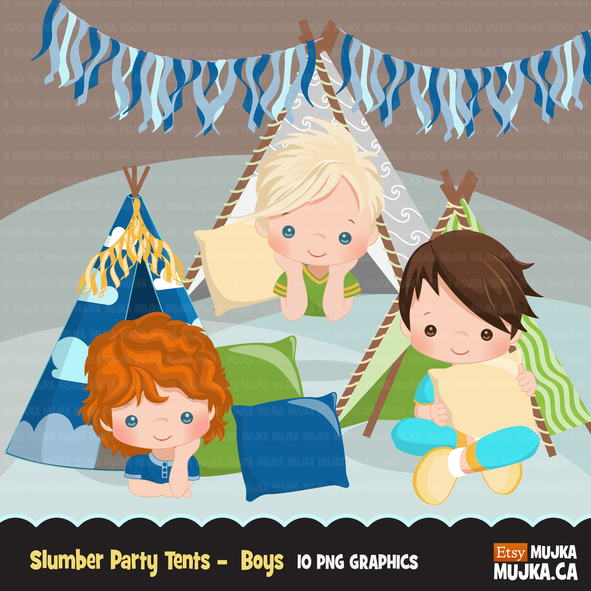 Slumber Party tents Clipart Bundle. Boys and girls sleepover graphics ...