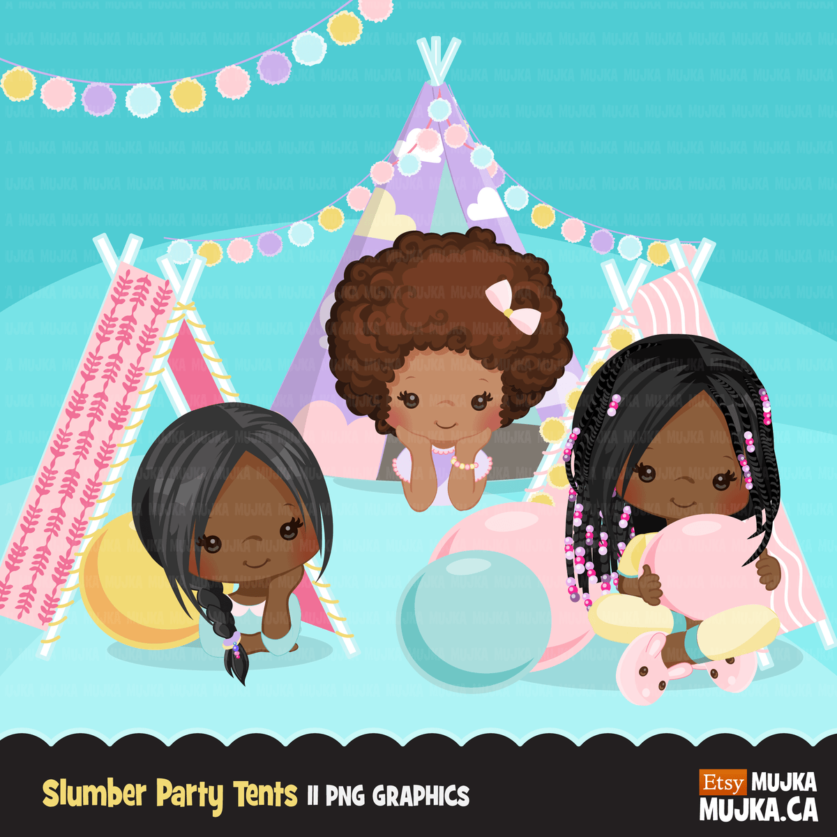 Slumber Party tents Clipart Bundle. Boys and girls sleepover graphics ...