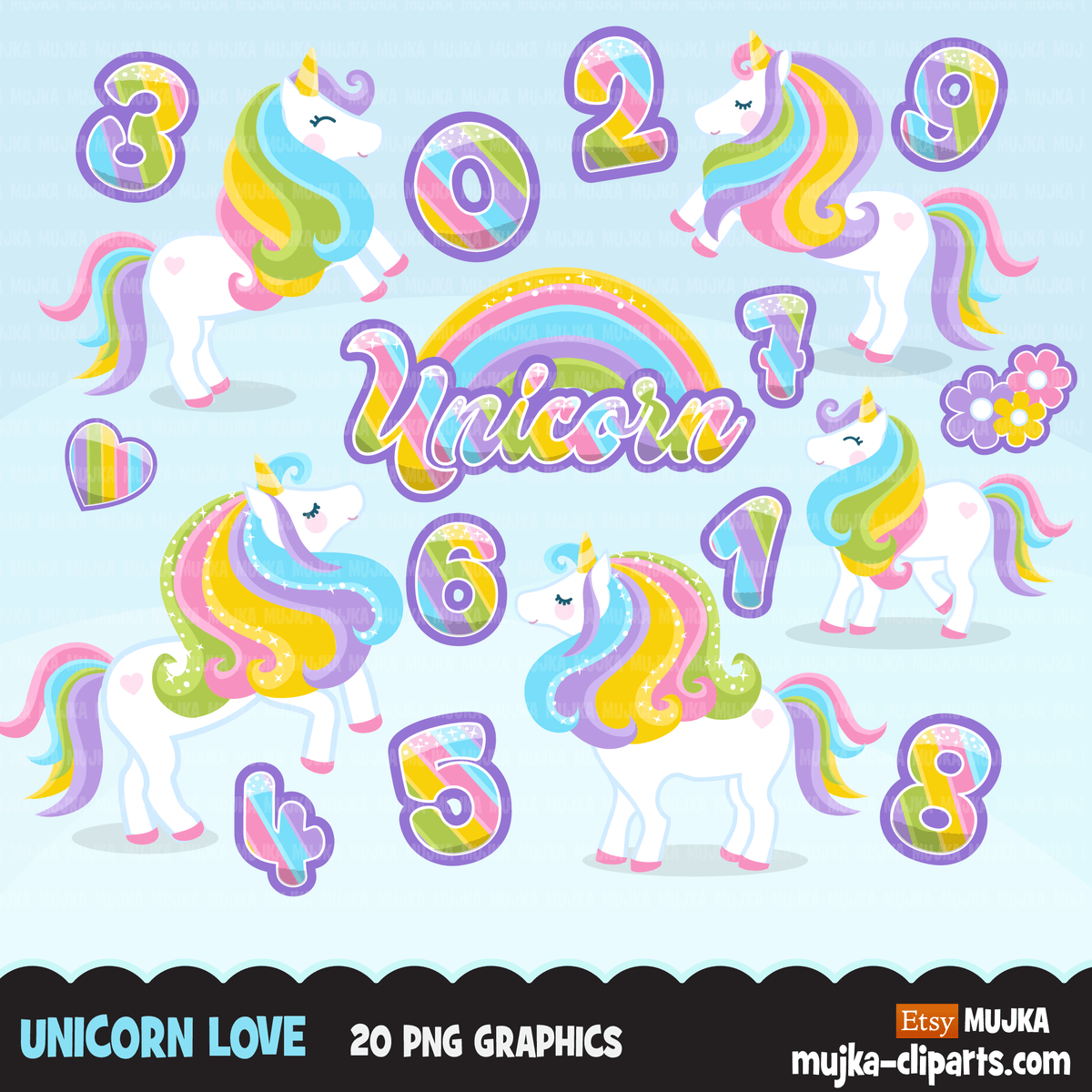 Unicorn Numbers Clipart Rainbow unicorns with birthday numbers, summer ...