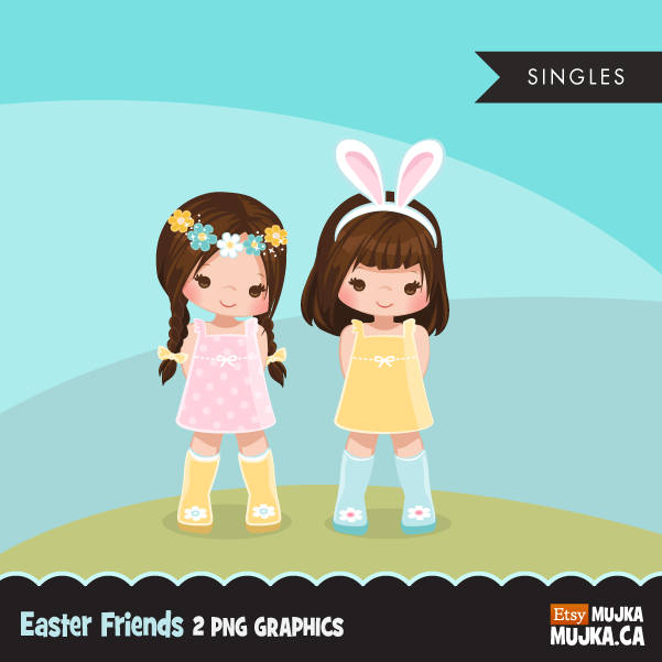 Easter spring clipart, dark brunette girl friends – MUJKA CLIPARTS