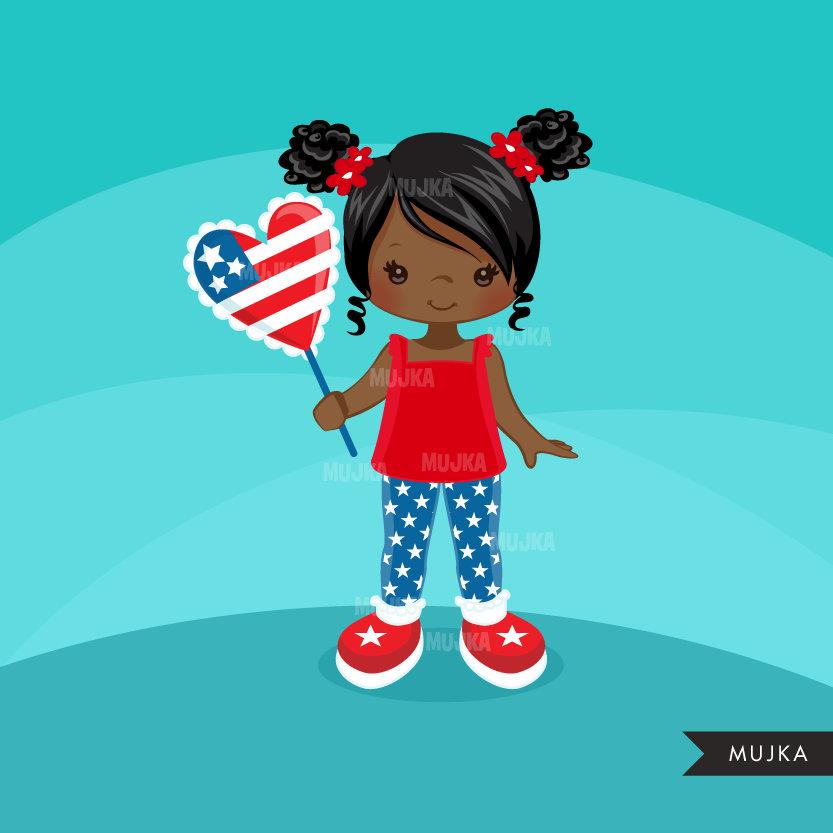4th of July Clipart. Cute Little Girls with American Flag balloon blac ...
