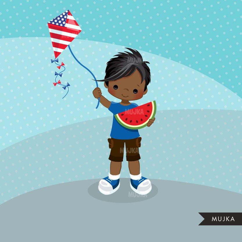 4th of July Clipart. Little Boy with Kite and watermelon – MUJKA CLIPARTS
