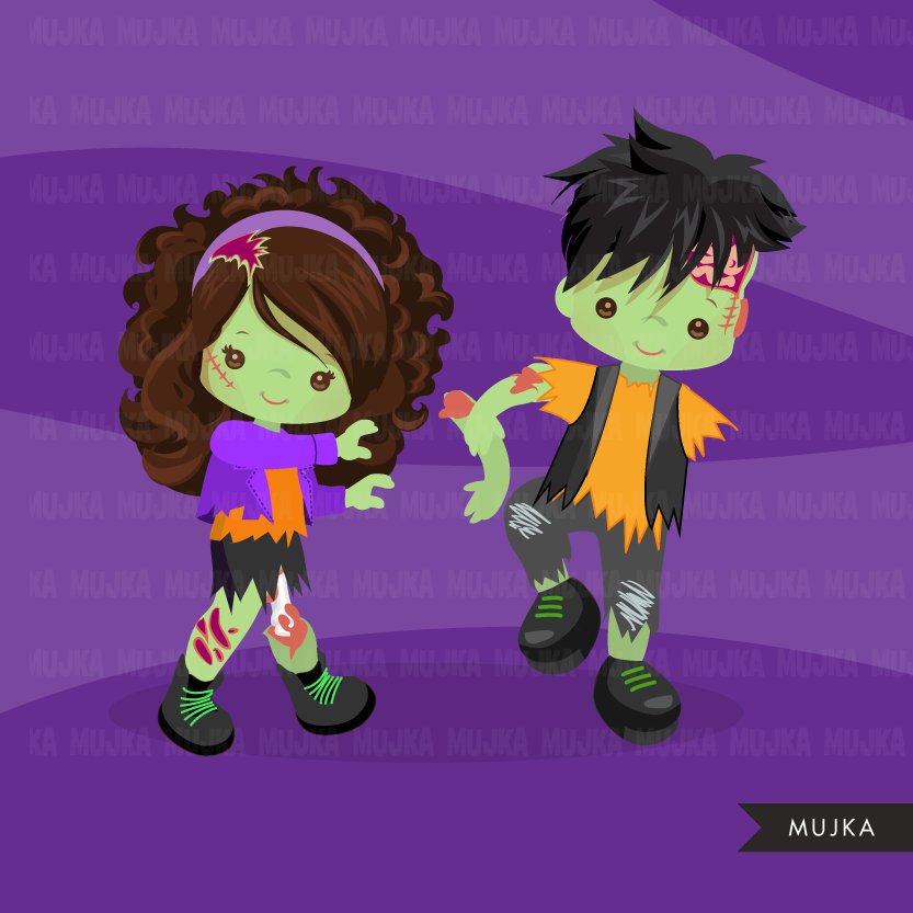 Halloween zombie kids clipart. Cute zombies girl and boy – MUJKA CLIPARTS
