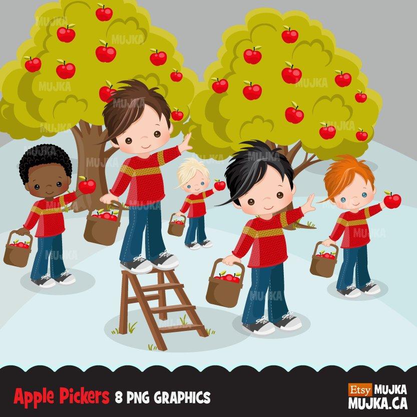 Fall Apple Pickers clipart, cute boy graphics – MUJKA CLIPARTS