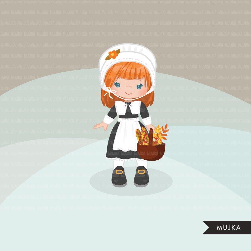 Pilgrim Girls Clipart, fall graphics – MUJKA CLIPARTS
