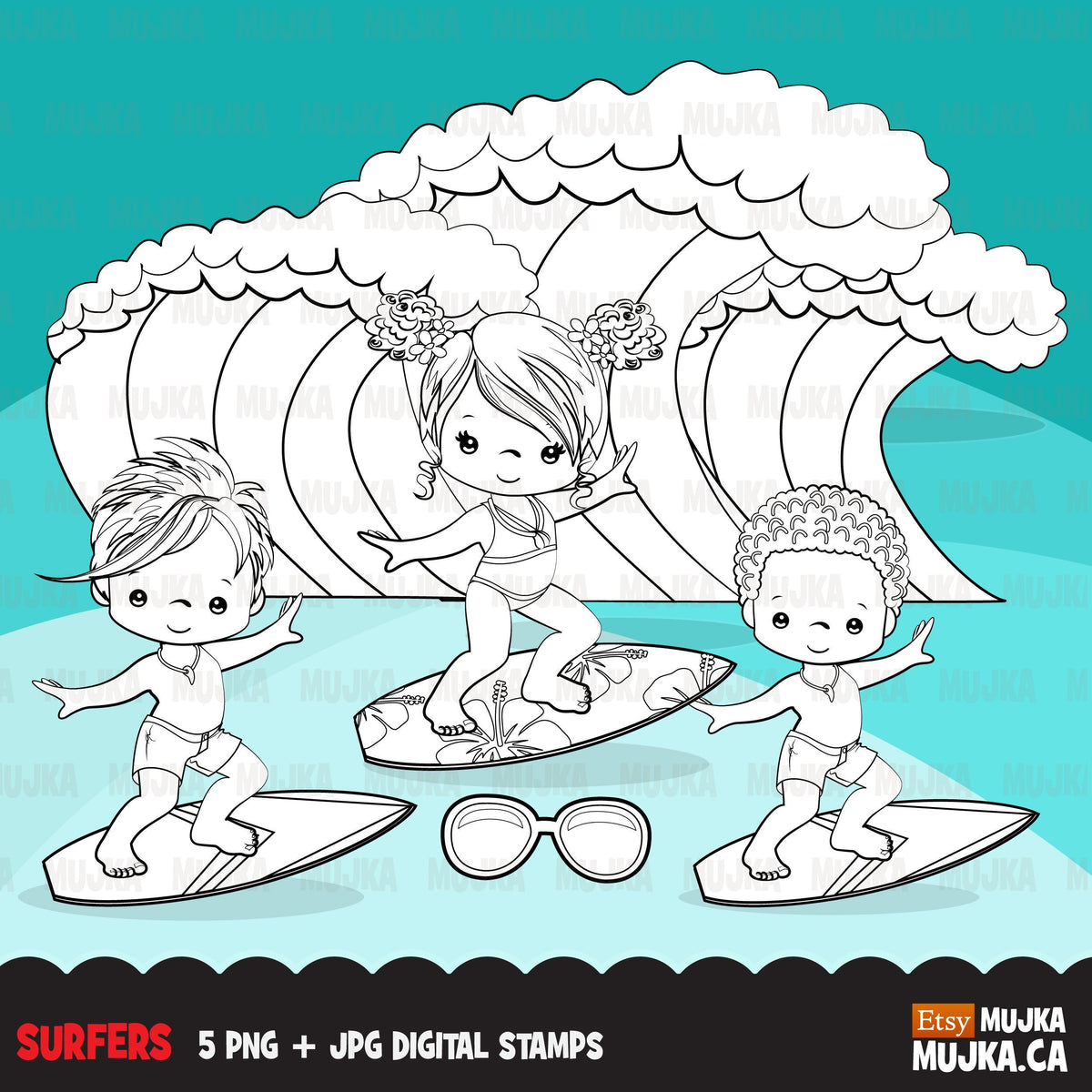 Surfer digital Stamps. Beach birthday, girl and boy summer – MUJKA CLIPARTS