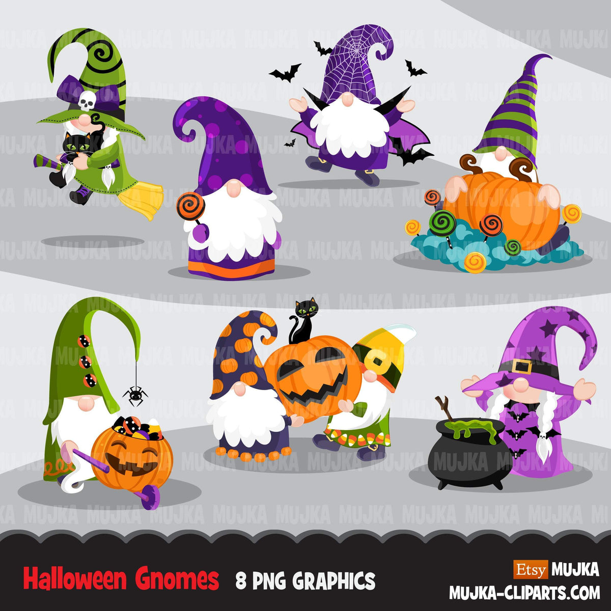 Halloween gnomes Clipart, Scandinavian Gnome graphics, pumpkin, witch ...