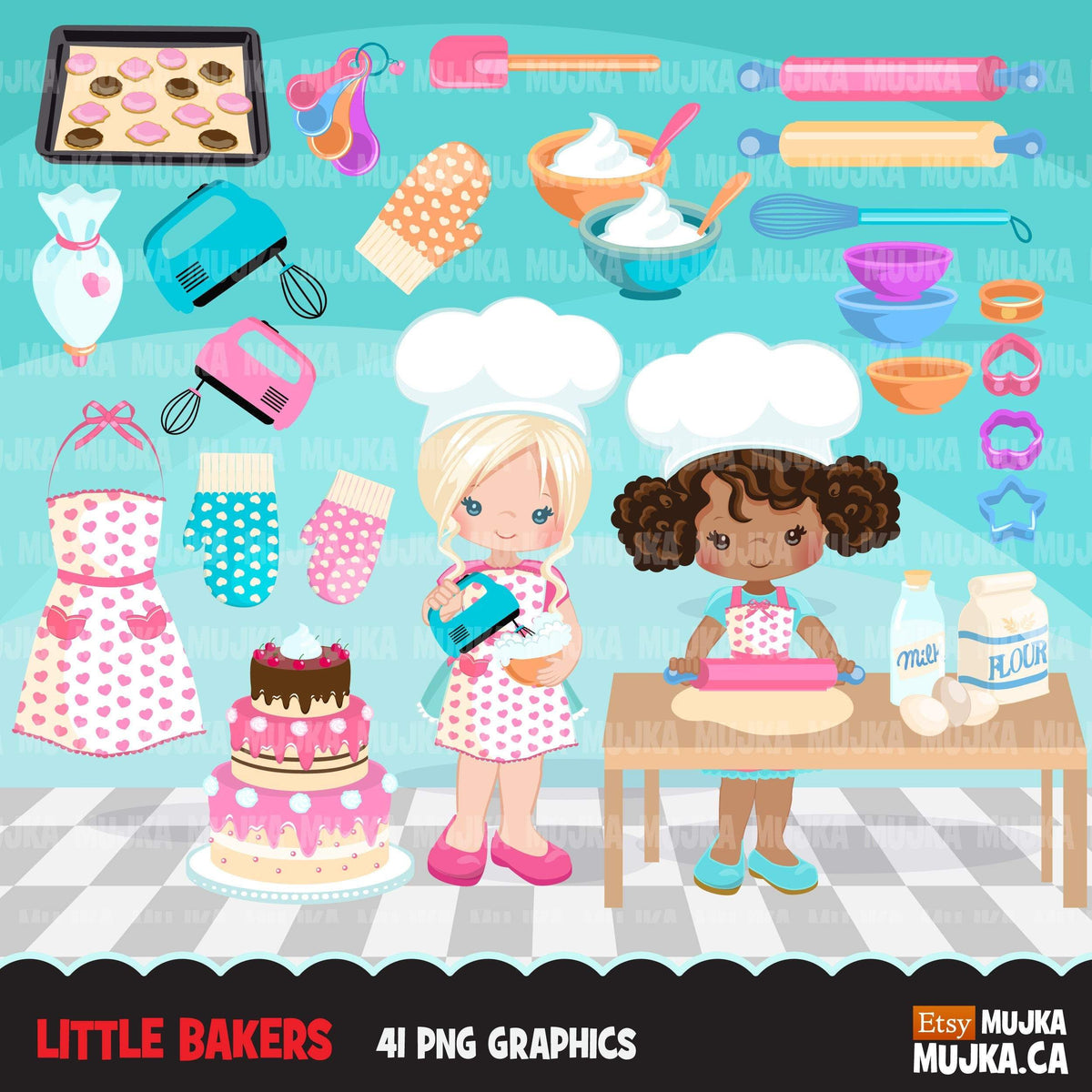 Baking Clipart, little baker girls, pastry chef, cake and cookie graph ...