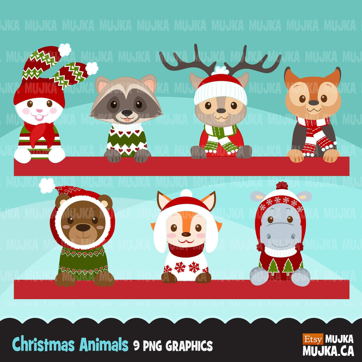 Christmas animals clipart, cute noel graphics, bunny, racoon, fox, bea ...