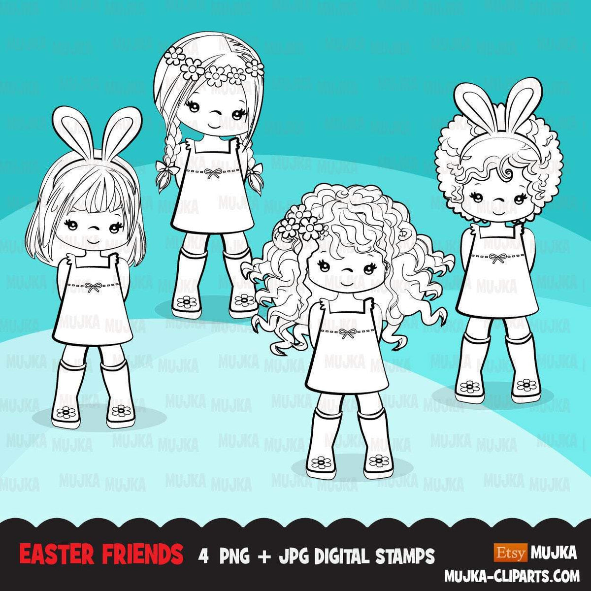 Easter Digital stamps, black & white Easter girls graphics, egg hunt ...