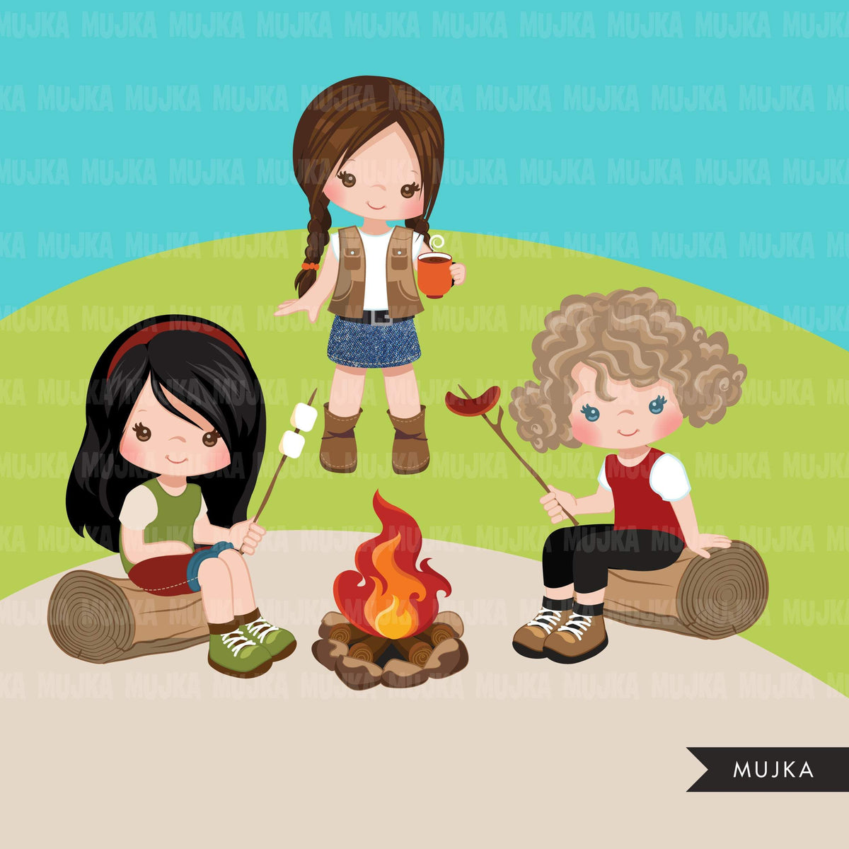 Girl Scouts camping clipart, campground, campfire, tent, outdoor graph ...