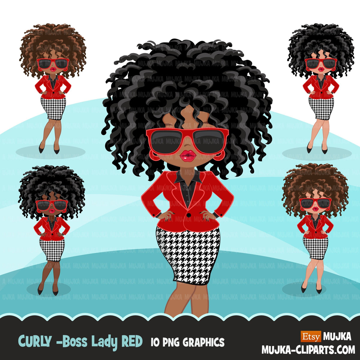 Afro woman clipart with red business suit and glasses African-American ...