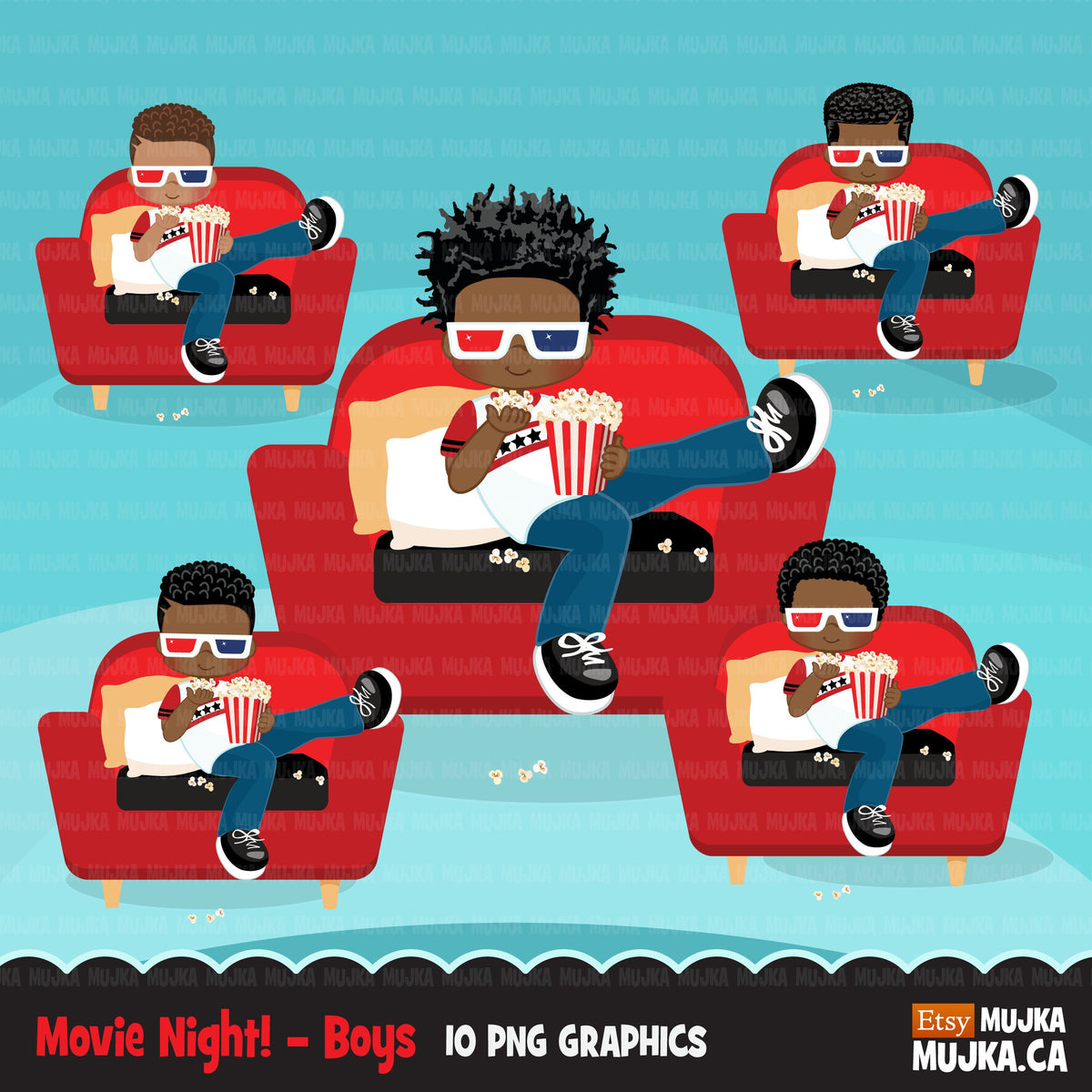 Movie night Clipart, movie birthday party, black boys graphics, popcor ...