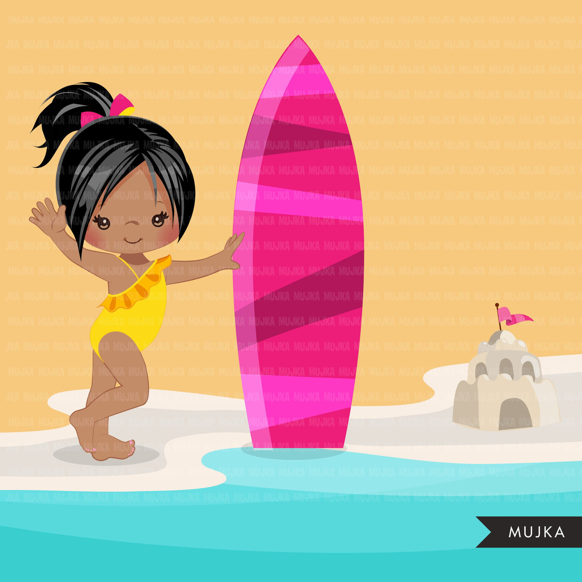 Beach Fun Clipart for Black Girls, Summer Swimsuit Graphics, surf boar ...