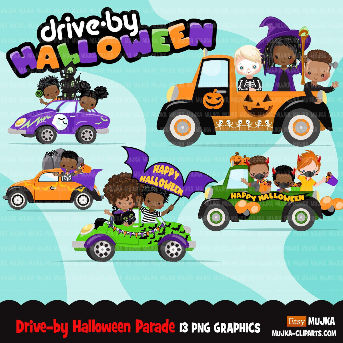 Drive by Halloween Party parade clipart, kids quarantine halloween par ...