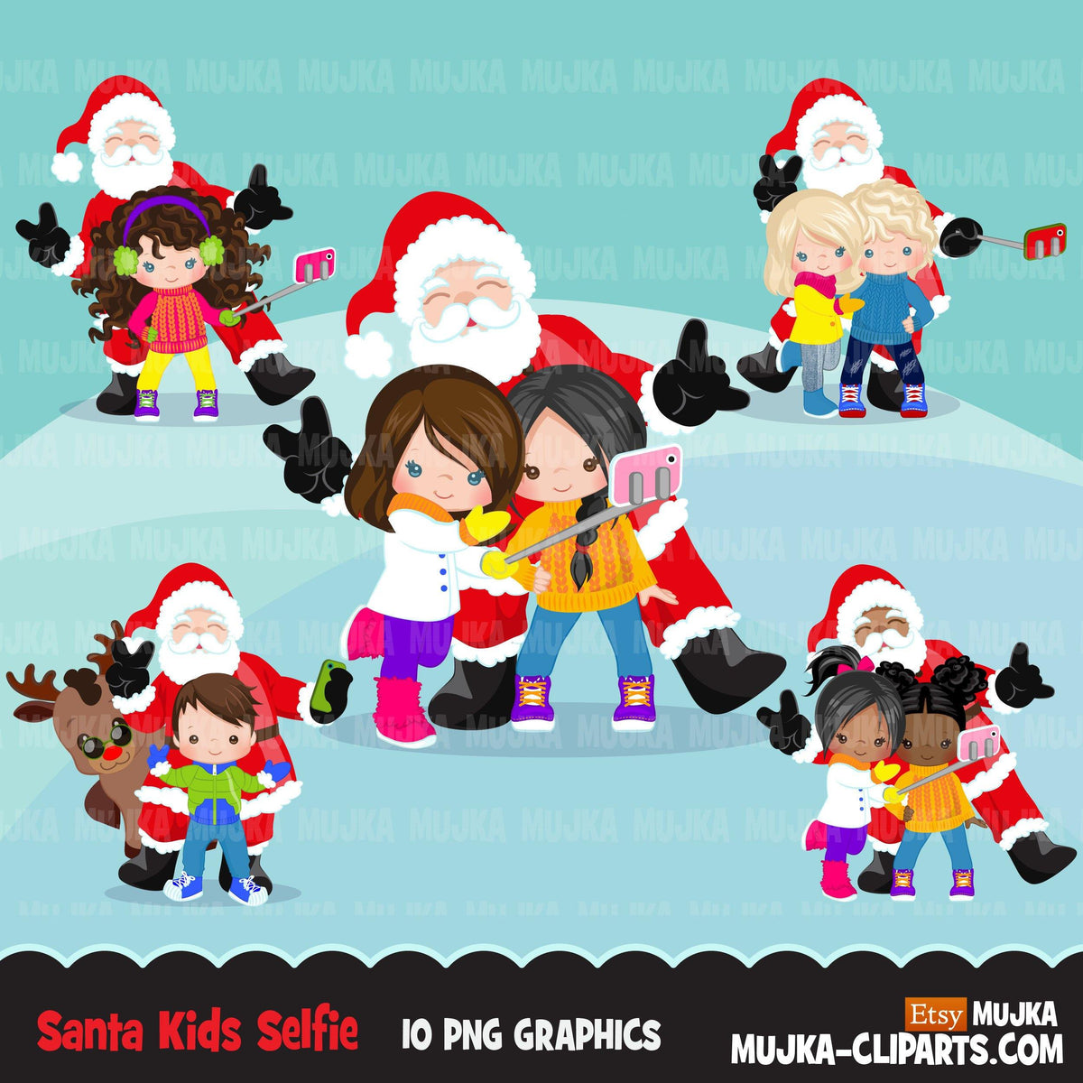 Santa selfie Clipart, Christmas selfie graphics, kids, Santa with cell ...