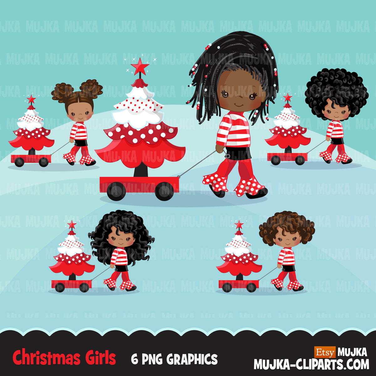 Christmas Clipart, black girl with Christmas tree, Christmas kids, pol ...