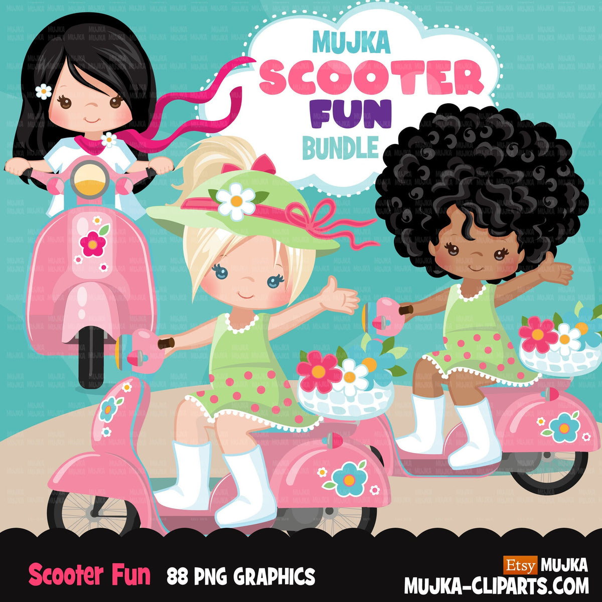 Best friends clipart bundle, Scooter Girls, Spring Png, Valentine gift ...