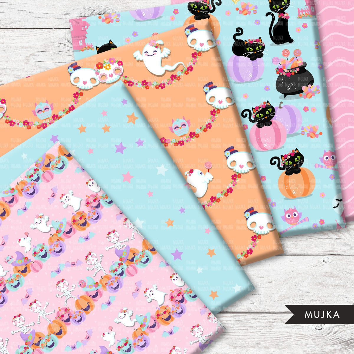 Cute Halloween Digital Papers, Pink Halloween Seamless Patterns, pink ...