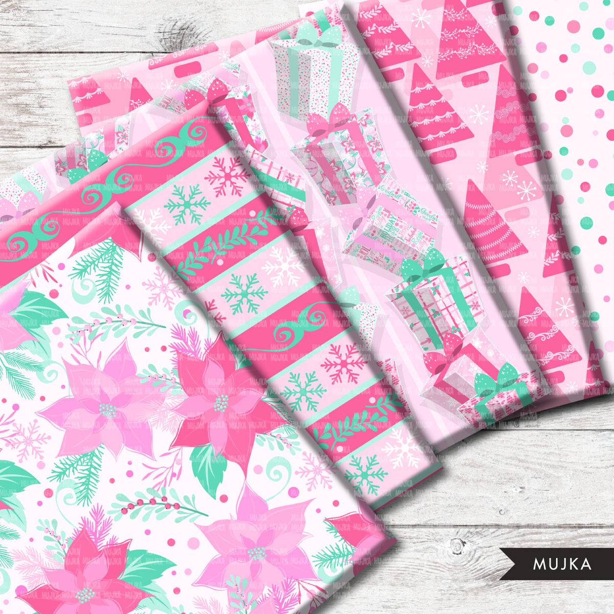 Christmas digital papers, pink Christmas papers, pastel Christmas pape ...
