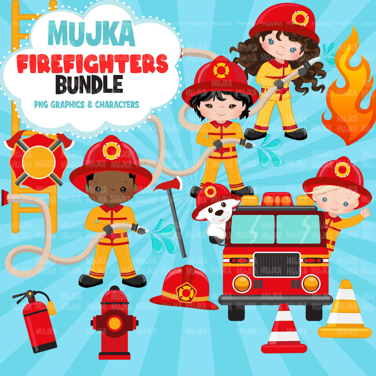 Firefighter Png, firefighter clipart bundle, fire truck png, cute fire ...