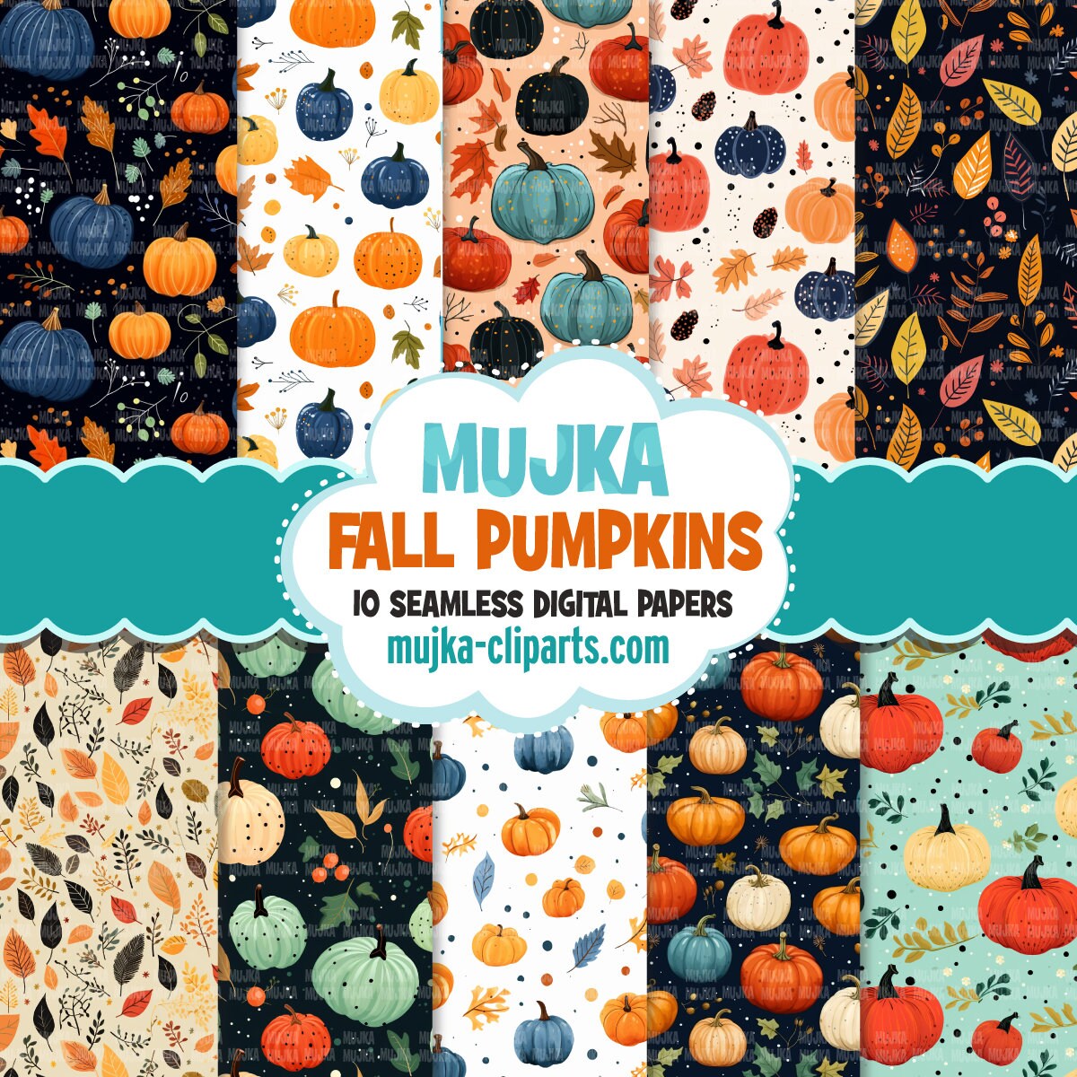 Fall Digital papers, pumpkin seamless patterns, autumn leaves printabl ...