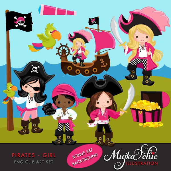 Pirate Clipart Pink girl treasure island – MUJKA CLIPARTS