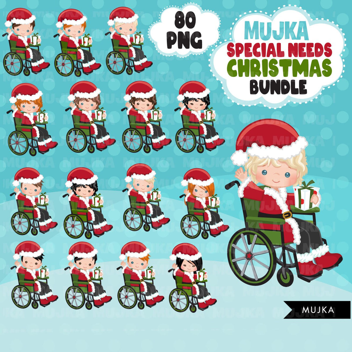 Christmas Santa wheelchair kids Png Bundle, Christmas elves clipart, S ...