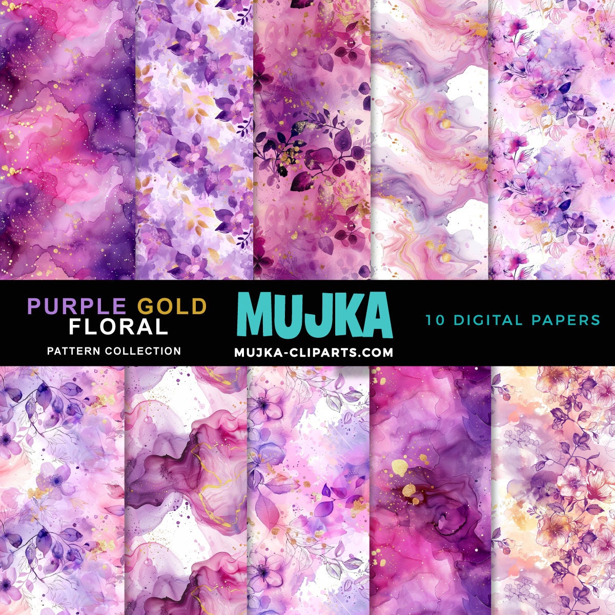 Floral Digital papers, Gold purple pink flower background, watercolor ...