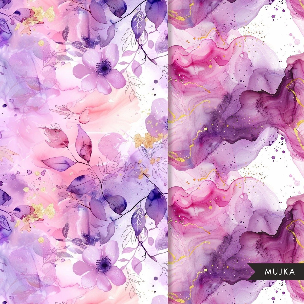 Floral Digital papers, Gold purple pink flower background, watercolor ...