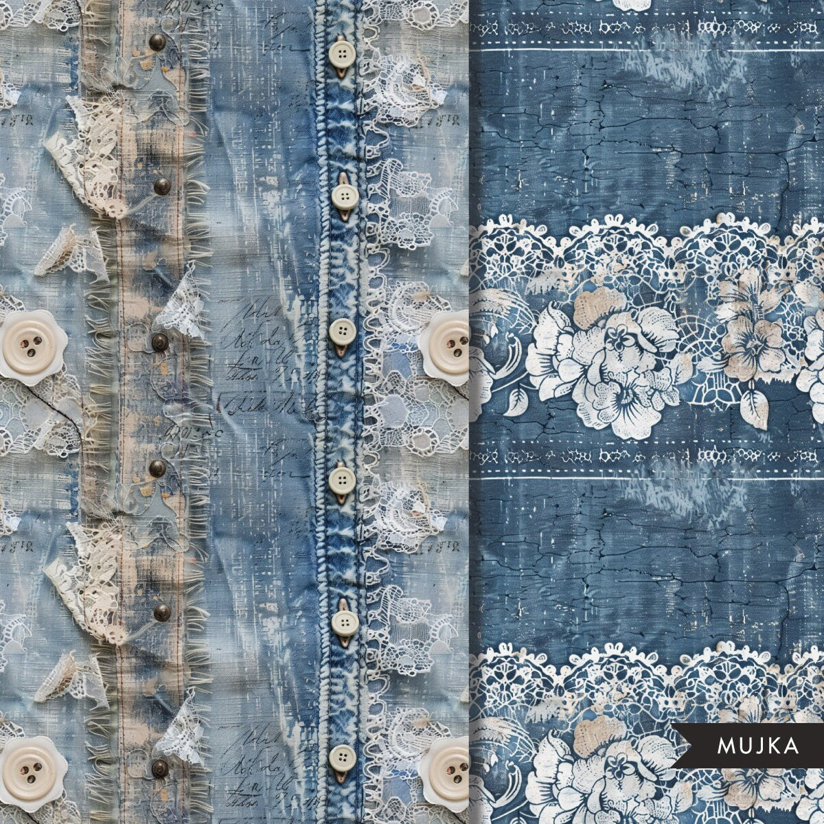 Denim and Lace Digital papers, Vintage denim pattern background, junk ...