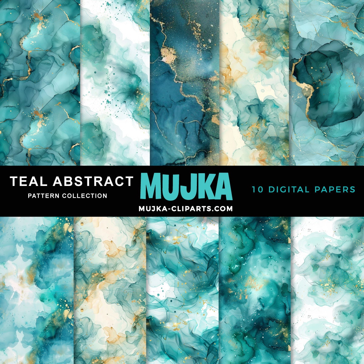 Alcohol Inks Digital Paper, Watercolor Teal Gold Seamless Patterns, Ab ...