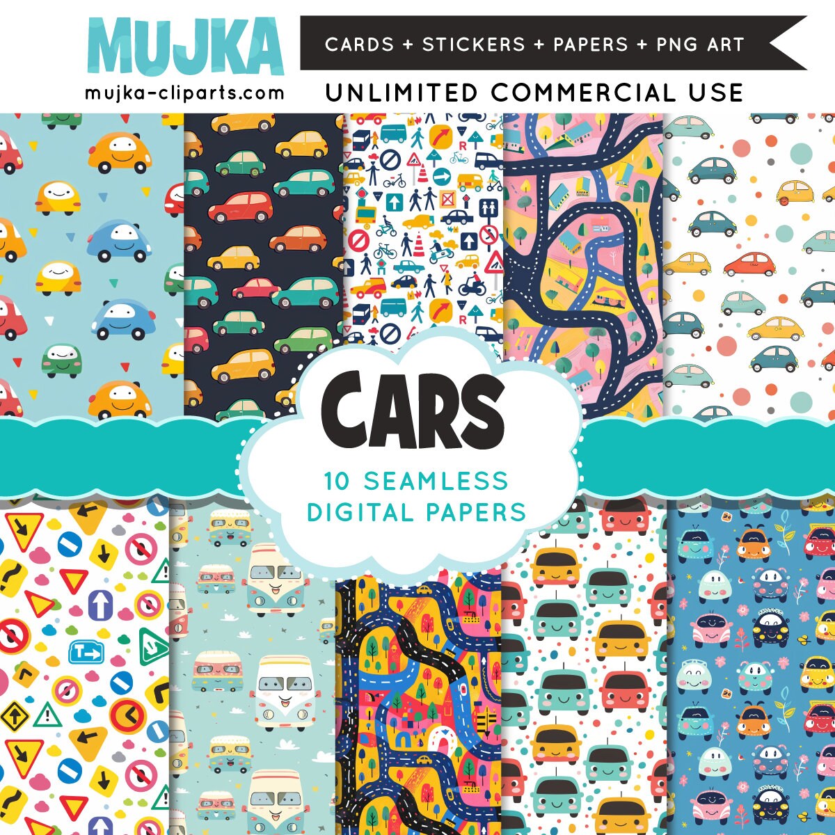 Cute Cars Digital papers, Kawaii baby seamless background, nursery bac ...
