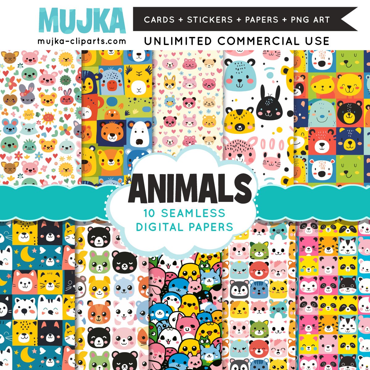 Cute Animals papers, Kawaii baby animal seamless background, nursery b ...