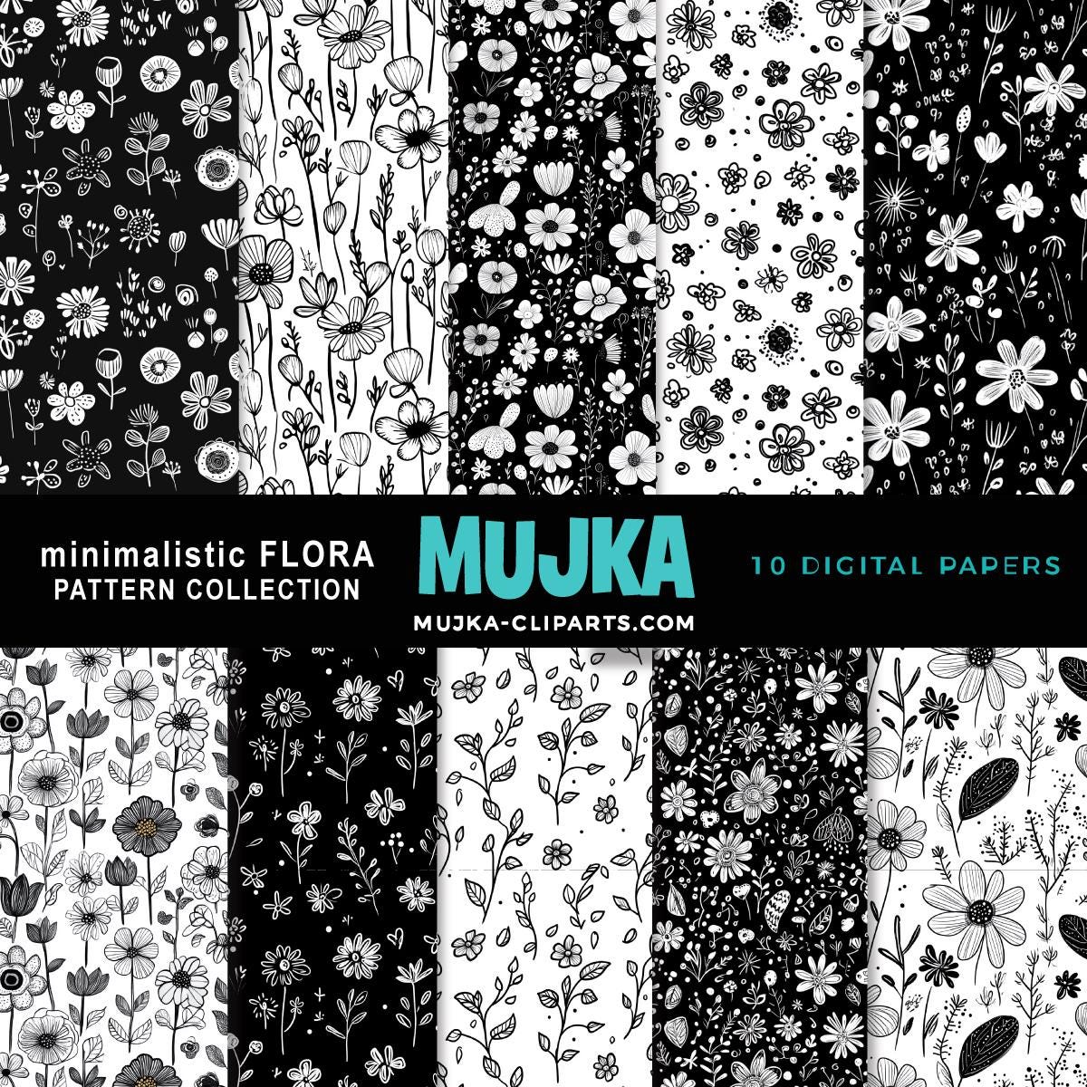 Doodle Floral Background, Minimalistic flower Digital Paper, B&W Textu ...
