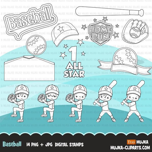 Baseball Digital Stamps, Baseball boy players, Sports Graphics, B&W cl ...