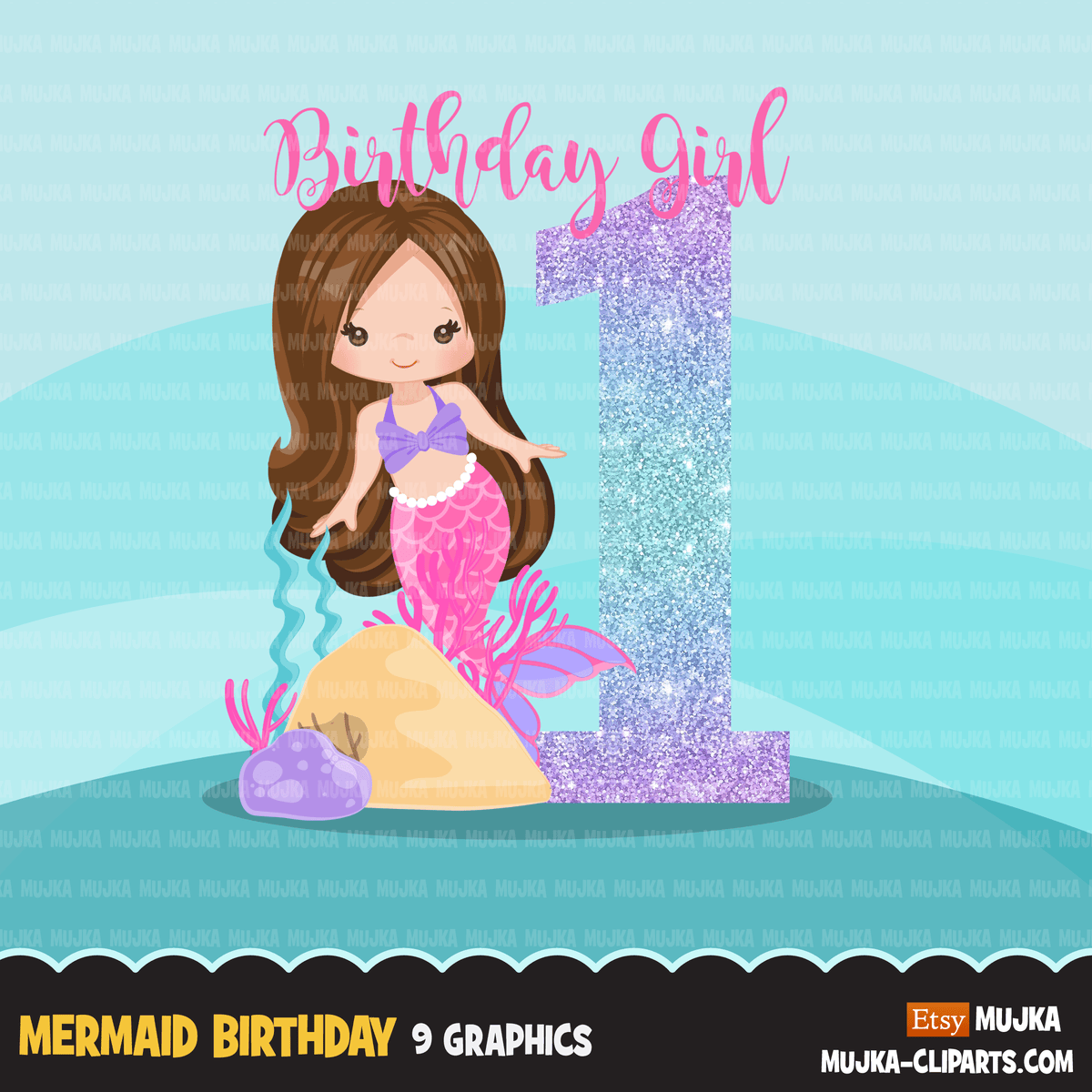 Mermaid Birthday Numbers SVG, PNG cutting files and clipart. Brunette ...