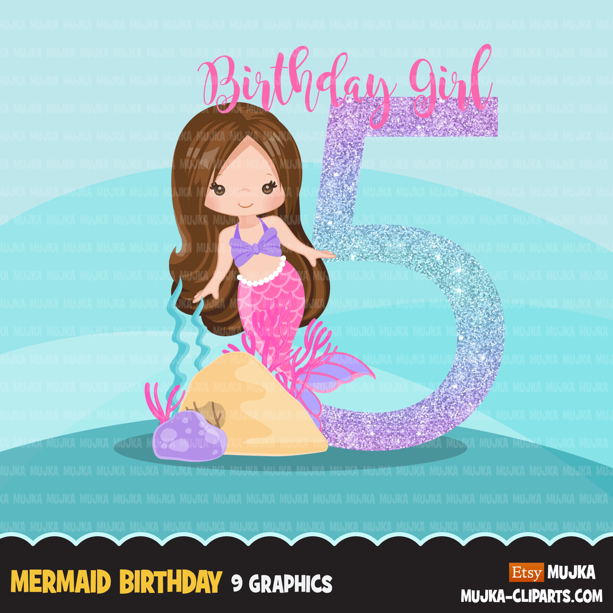 Mermaid Birthday Numbers SVG, PNG cutting files and clipart. Brunette ...