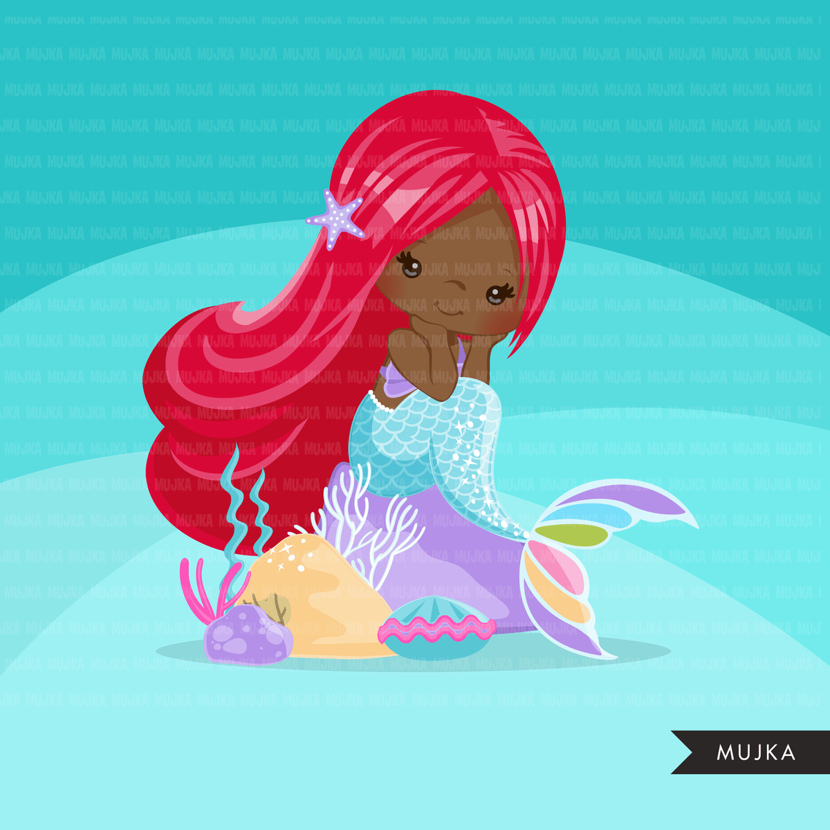 Little mermaid clipart, dark skin mermaid with red hair clip art, GIRL ...