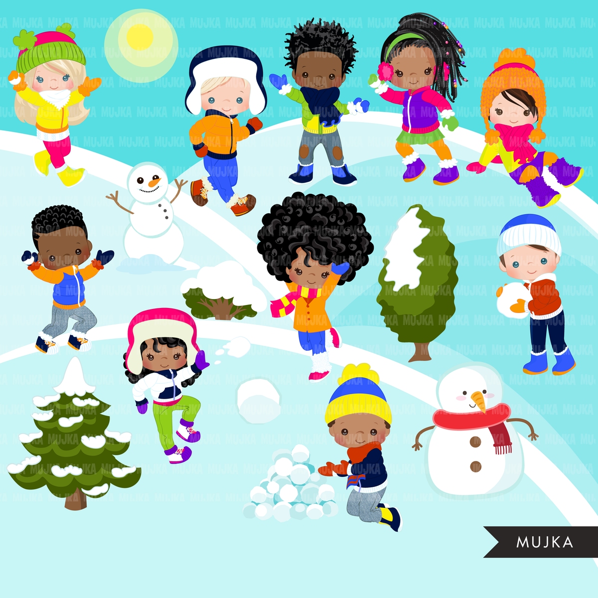 Winter sledding Kids Clipart Bundle, cute outdoors graphics tobogganin ...