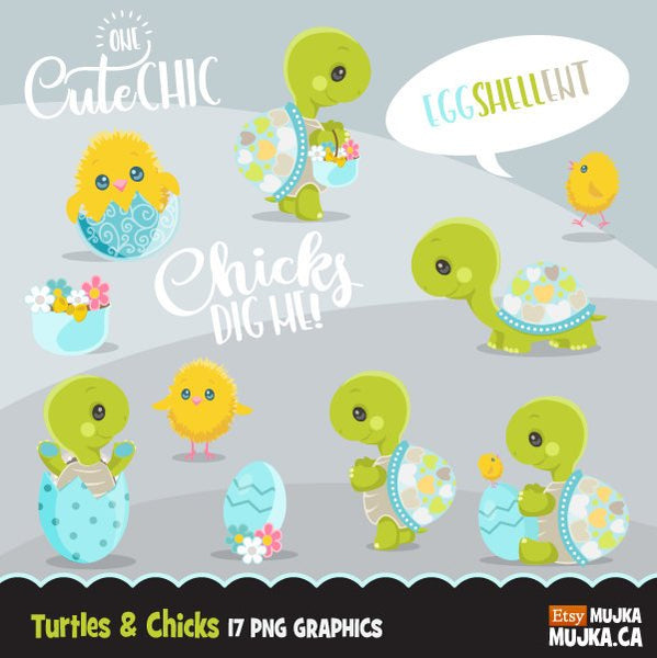 Easter Turtle and Chicks clipart, Cute animal graphics – MUJKA CLIPARTS