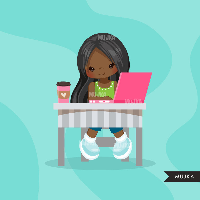 Distant Learning Clipart, Girls with pink laptop, homeschooling, stude ...
