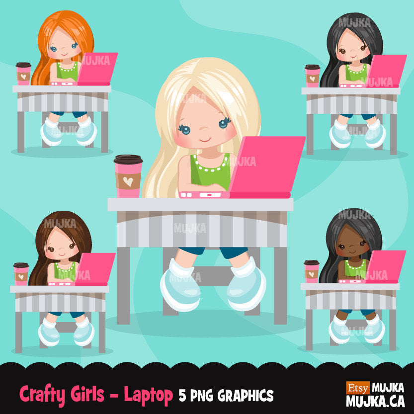 Distant Learning Clipart, Girls with pink laptop, homeschooling, stude ...