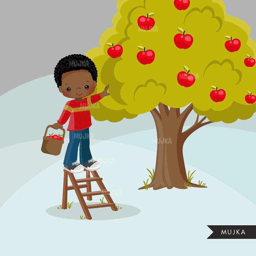 Fall Apple Pickers clipart, cute boy graphics – MUJKA CLIPARTS