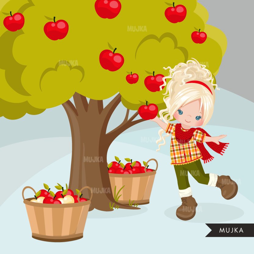 Fall Apple Pickers clipart, cute curly haired girl – MUJKA CLIPARTS